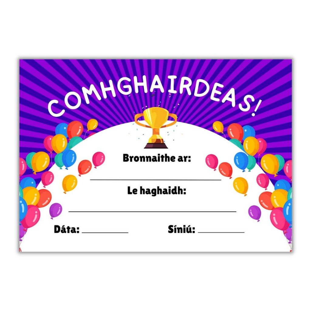 Comhghairdeas – Irish Congratulations Certificates – Mol an Óige